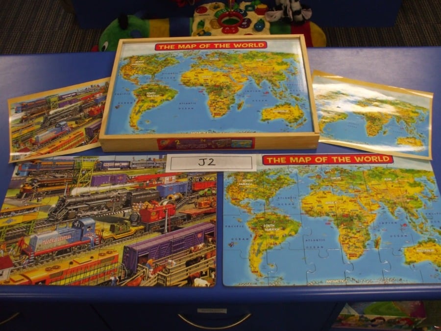 Wooden Puzzle Box - Map Of The World & Trains